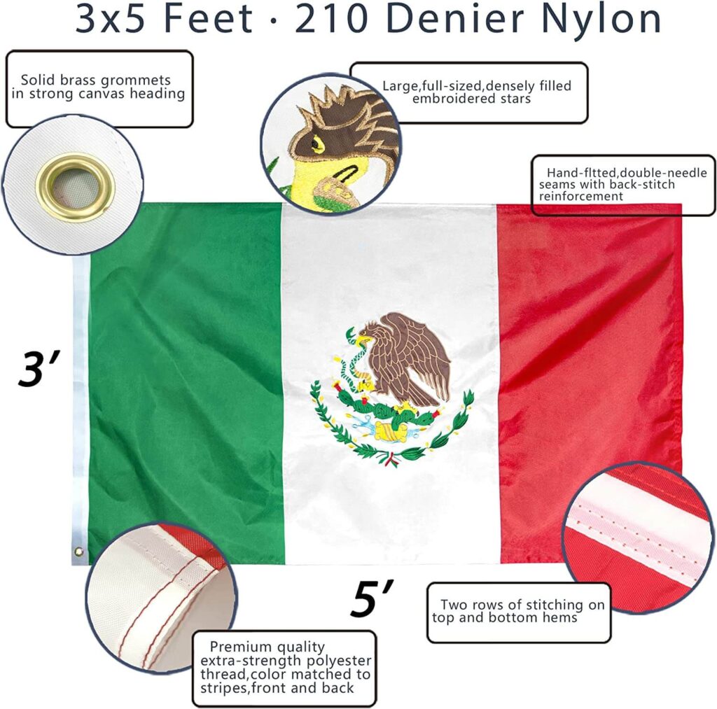 EverStrong Nylon Embroidered Mexico Flag 3x5 Foot - Anley Flags