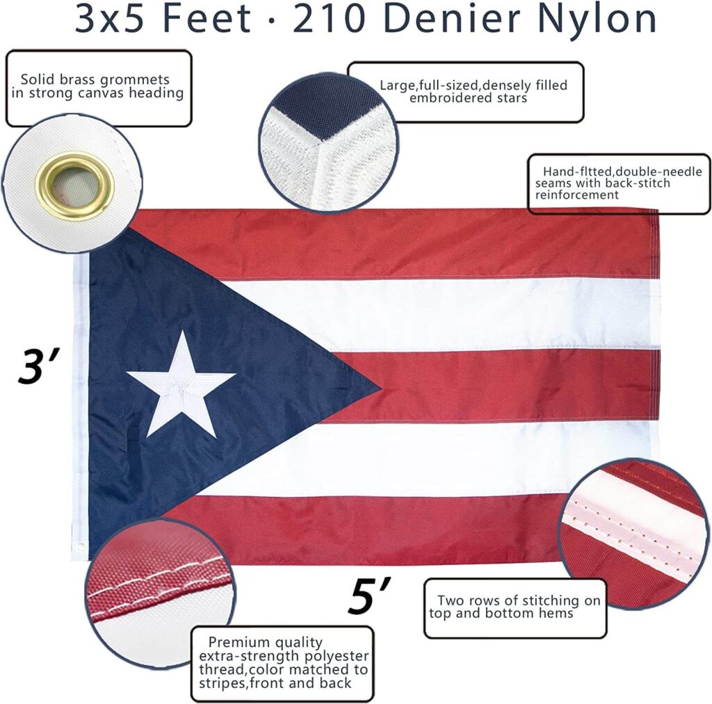 EverStrong Nylon Embroidered Puerto Rico Flag 3x5 Foot - Anley Flags