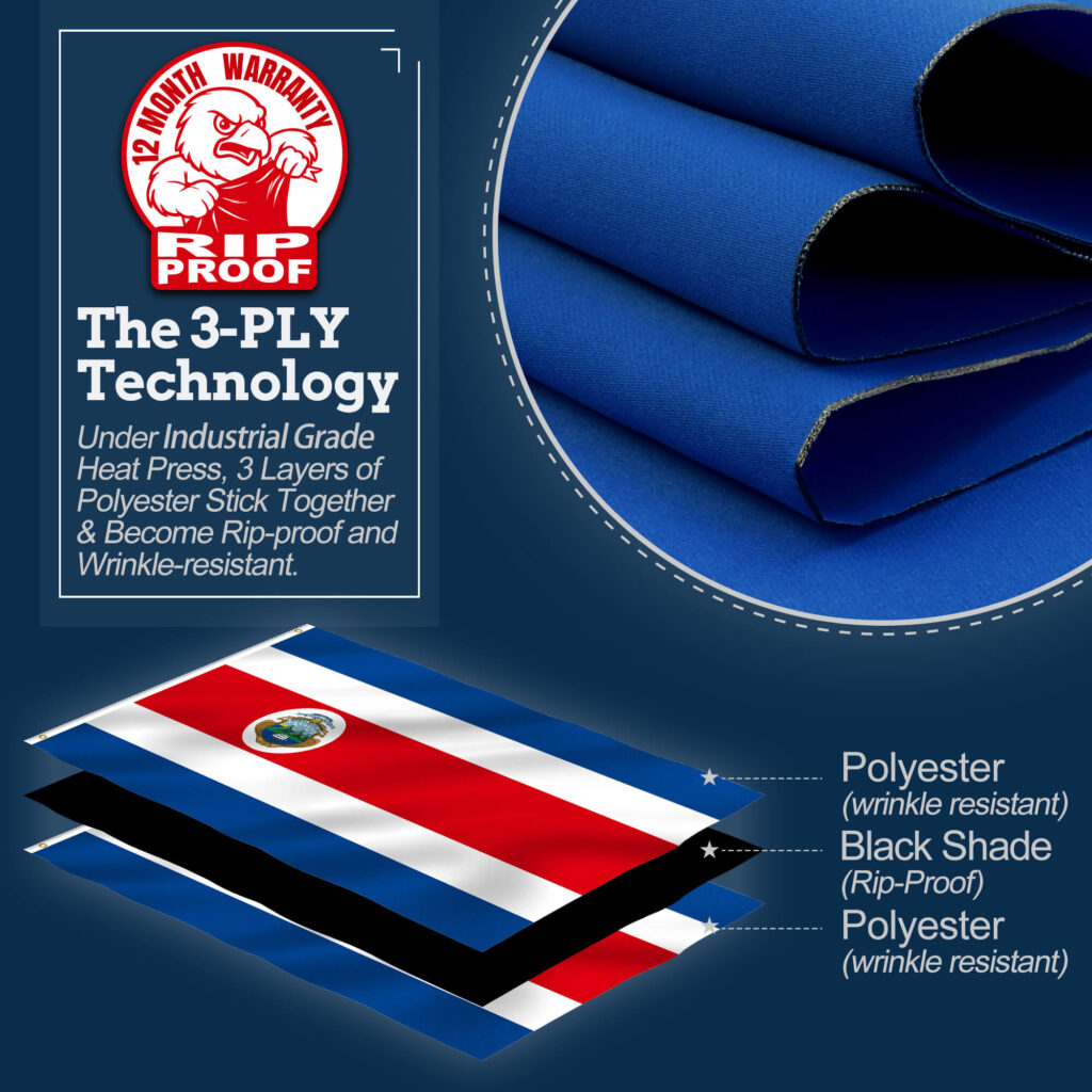 Rip-Proof Technology Double Sided 3-Ply Costa Rica Flag 3×5 Foot